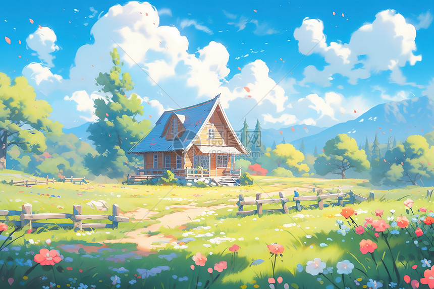 夏日治愈系森林小屋卡通插画插画图片下载-正版图片402496447-摄图网