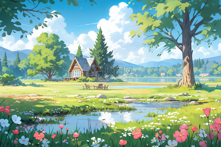 美好的夏天蓝天白云森林卡通插画插画图片下载-正版图片402496454-摄图网