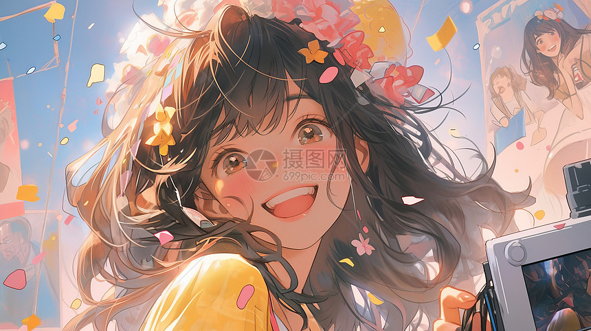 满头花朵开心笑的可爱卡通女孩插画图片下载-正版图片402498312-摄图网