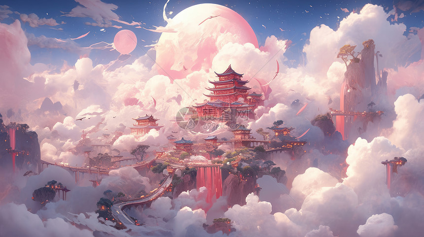 梦幻云朵上的古风卡通城市插画图片下载-正版图片402499049-摄图网