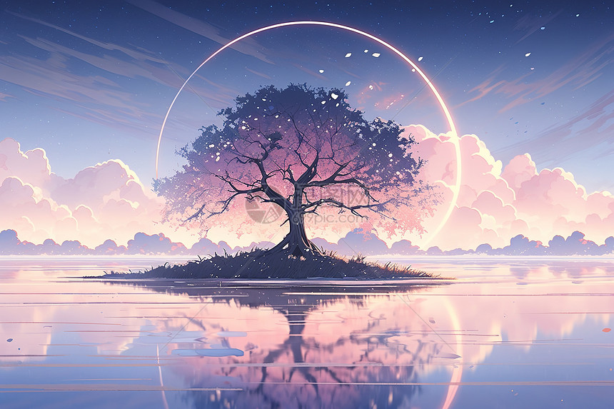 水中一棵树的浪漫漫画插画图片下载-正版图片402500788-摄图网