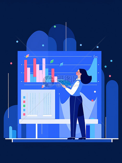 手拿文件的扁平卡通人物站在数据表前插画图片下载-正版图片402514310-摄图网