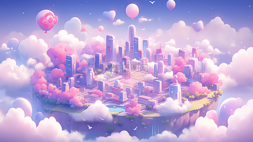 云朵上时尚现代的卡通城市插画图片下载-正版图片402518723-摄图网