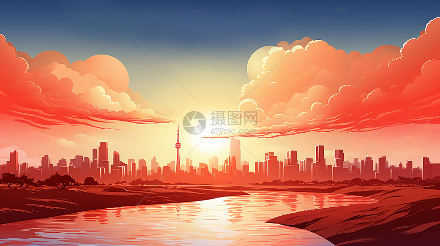 傍晚卡通城市上空美丽的卡通火烧云插画图片下载-正版图片402519487-摄图网