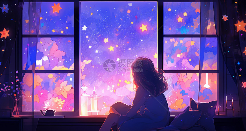夜晚看着窗外梦幻星星的长发卡通女孩插画图片下载-正版图片402527463-摄图网