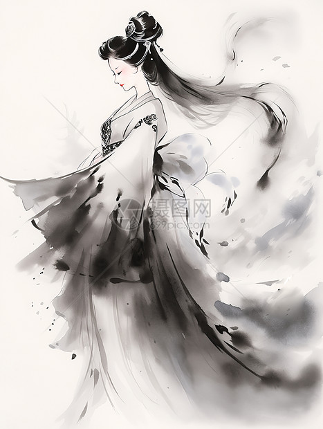 长发优雅的古风水墨美女插画图片下载-正版图片402529226-摄图网