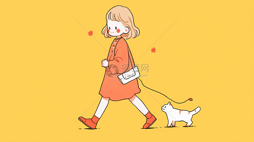 大步走路的卡通小女孩跟着一只卡通小白猫插画图片下载-正版图片402530595-摄图网