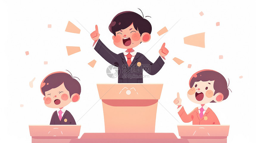 三个站在演讲台上的卡通男孩在辩论演讲插画图片下载-正版图片402530788-摄图网