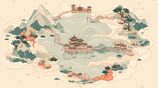 群山中几座古风卡通建筑古代卡通地图插画图片下载-正版图片402535352-摄图网