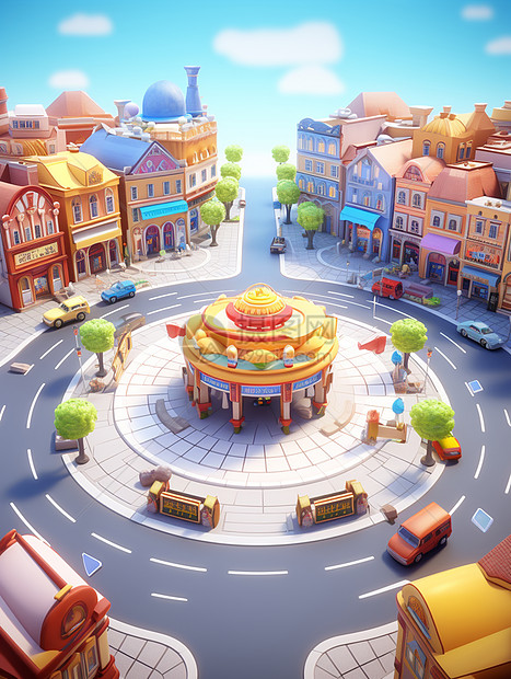卡通城市中街道上的卡通环岛插画图片下载-正版图片402534810-摄图网