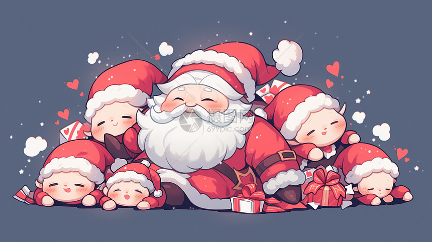 坐在一起可爱的一群卡通圣诞老人插画图片下载-正版图片402540408-摄图网