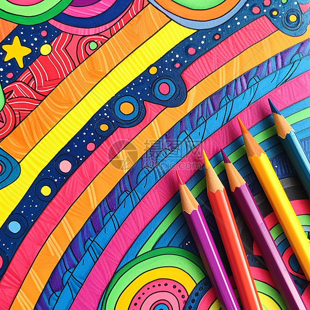 彩色漂亮的手绘卡通插画上放着几支彩色铅笔插画图片下载-正版图片402548633-摄图网