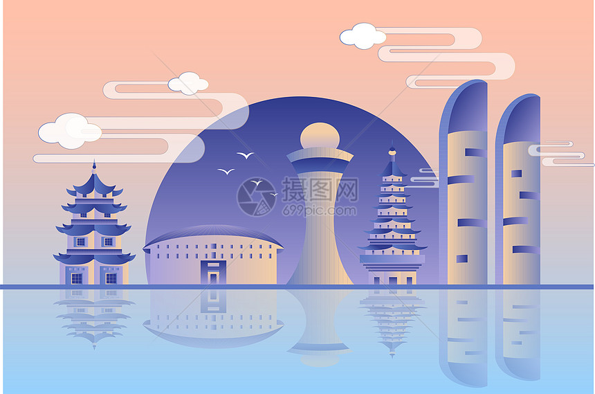 福建厦门地标江边建筑横版插画插画图片下载-正版图片402549502-摄图网