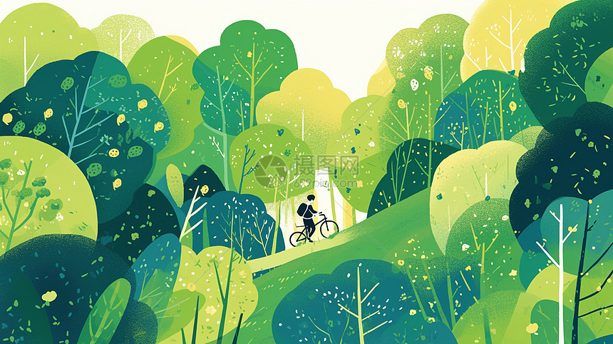 简约卡通森林中卡通人物在骑行插画图片下载-正版图片402554734-摄图网