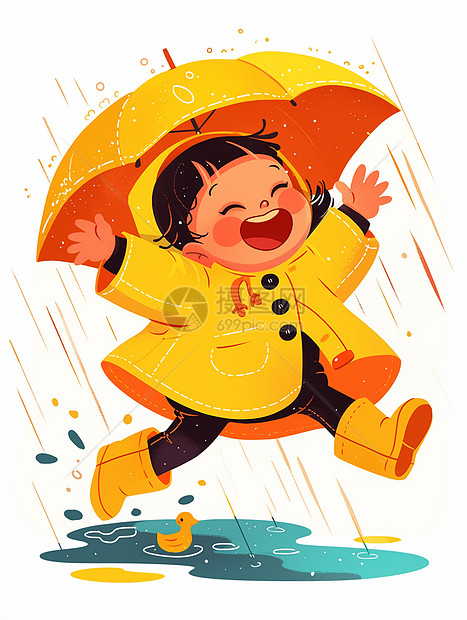 穿着黄色雨衣在雨中开心奔跑的卡通小孩插画图片下载-正版图片402563999-摄图网