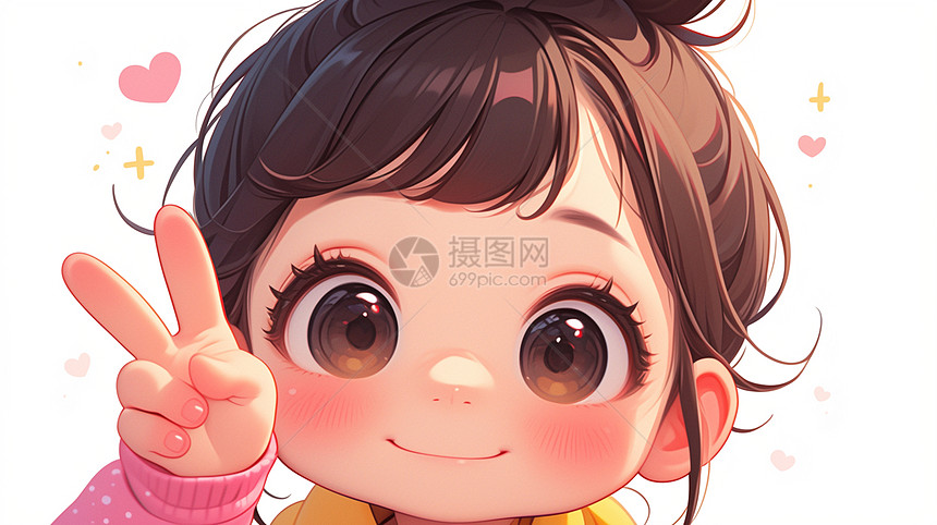 比划着胜利表情的可爱卡通小女孩插画图片下载-正版图片402565909-摄图网