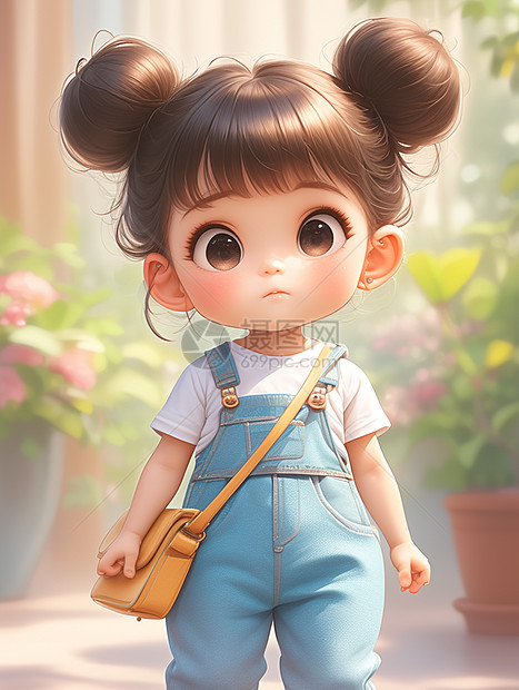 穿着蓝色背带裤大眼睛漂亮的可爱卡通小女孩插画图片下载-正版图片402569196-摄图网