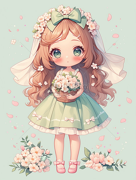 穿着绿色连衣裙拿着花篮乖巧可爱的卡通小女孩插画图片下载-正版图片402572812-摄图网