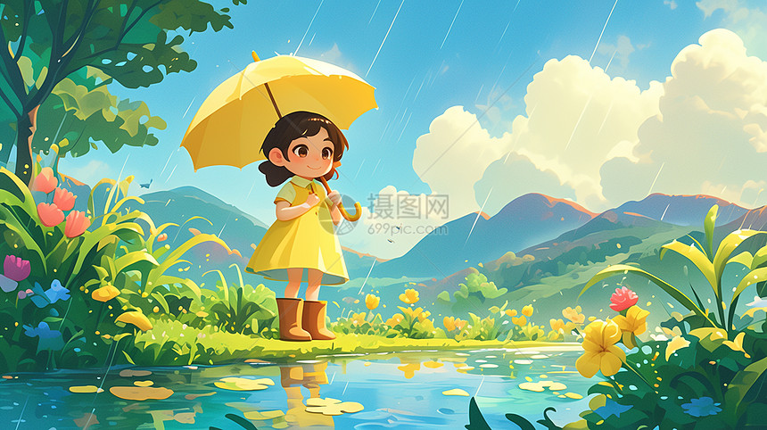 打着雨伞穿着雨靴站在河边赏雨的卡通小女孩插画图片下载-正版图片402579159-摄图网