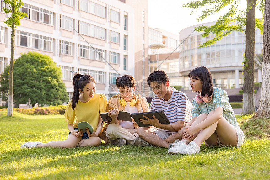 年轻大学生在草坪上讨论问题高清图片下载 正版图片501758263 摄图网