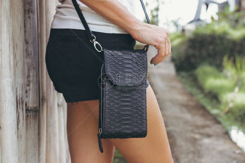 年轻女手持时髦的奢侈品蛇皮松手提包高清图片下载-正版图片502564370-摄图网