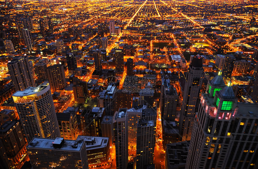 美国芝加哥大城市的空中景象晚上高清图片下载-正版图片502647115-摄图网