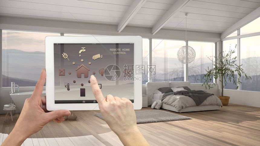 数字平板电脑上的智能远程家庭控制系统带有应用程序图标的设备简约的现代明亮卧室高清图片下载-正版图片502884082-摄图网