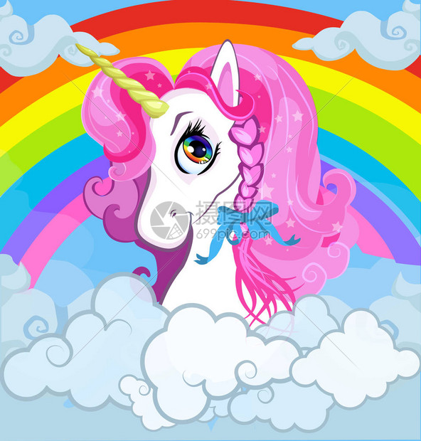 卡通白色小马独角兽头与粉红色鬃毛肖像在明亮的彩虹与云天空背景T恤图形儿童服装印刷品婴儿书籍明信插画图片下载-正版图片502992553-摄图网