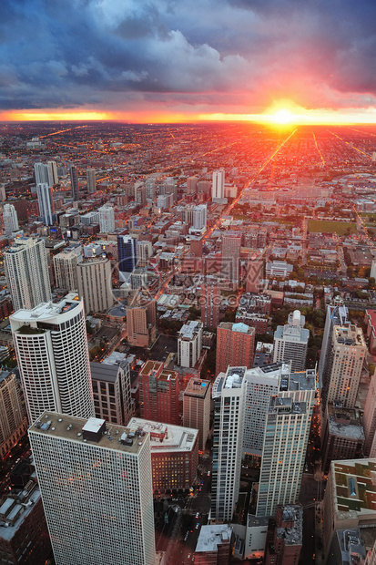 芝加哥的天线全景空中观日落时有摩天大高清图片下载-正版图片503438302-摄图网