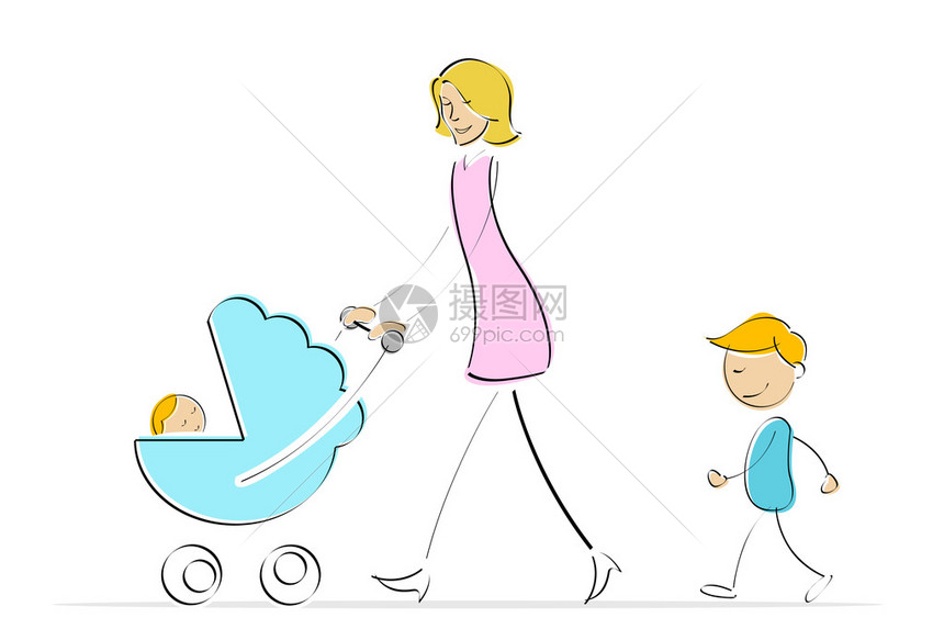 说明母亲与儿子和婴儿一起在Pram插画图片下载-正版图片503594040-摄图网