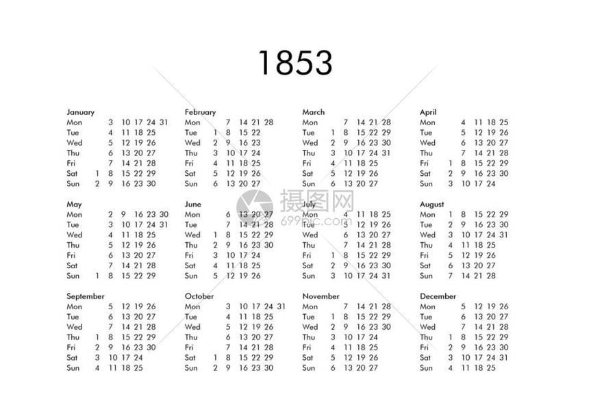 所有月份的1853年老式日历高清图片下载-正版图片503803519-摄图网