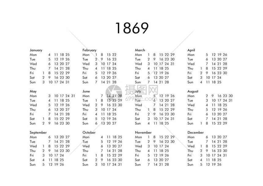 1869年所有月份的老式日历高清图片下载-正版图片503803686-摄图网