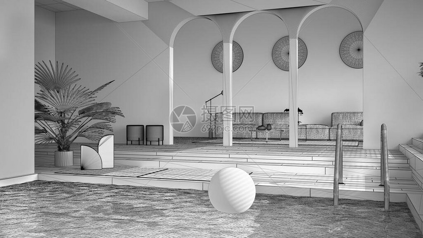 未完成的项目草图简约的客厅带台阶的镶木地板的开放空间拱门沙发地毯和盆栽植物游泳池高清图片下载-正版图片504001345-摄图网