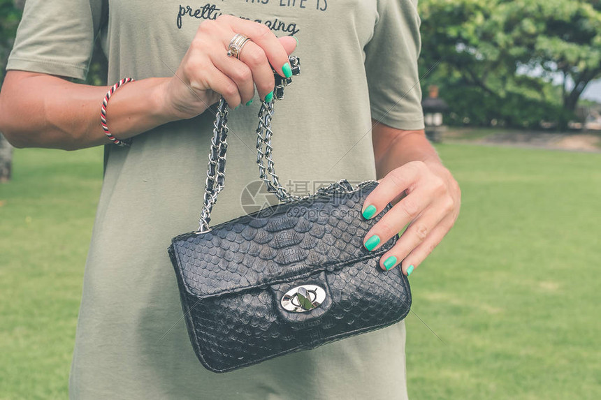 女人手里拿着豪华手工蛇皮革手提包高清图片下载-正版图片505085485-摄图网