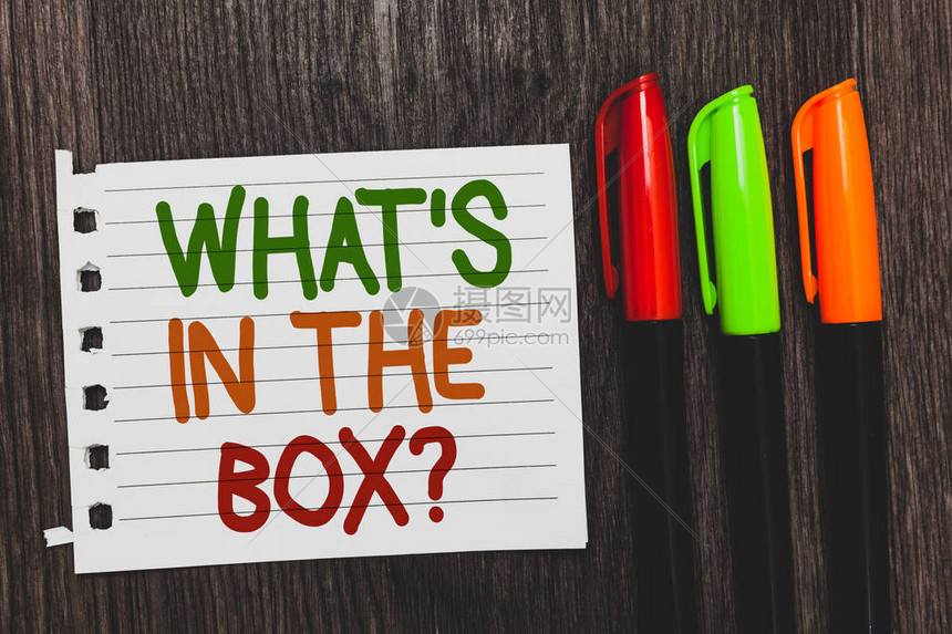 手写文本WhatsisInTheBox问题概念意义好奇打开礼物惊喜包在黑色木桌上用白页红绿橙高清图片下载-正版图片505367374-摄图网