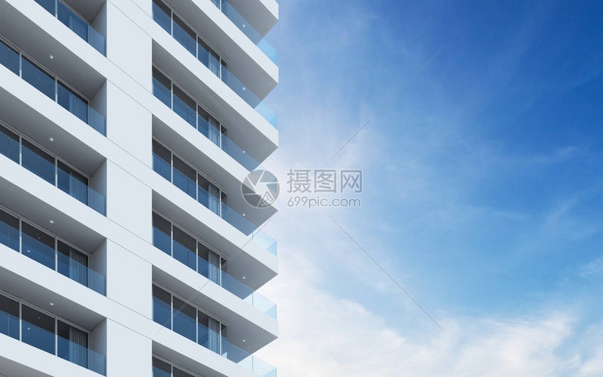 具有海景背的高层公寓建筑的透视图3D高清图片下载-正版图片506066468-摄图网
