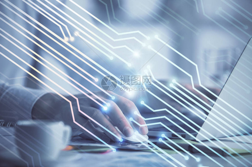 拥有计算机背景的商人与技术主题全息图高清图片下载-正版图片506093966-摄图网