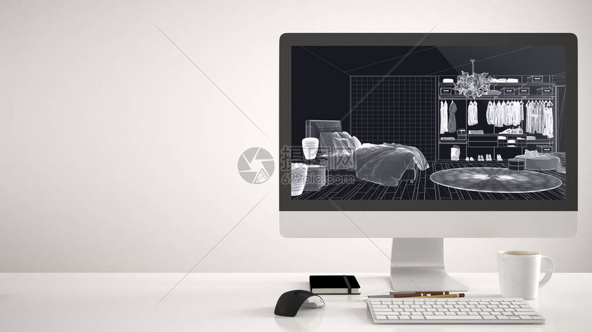 建筑房项目概念白色背景的台式计算机显示CAD草图的工作服务台现代卧室和自高清图片下载-正版图片506219582-摄图网