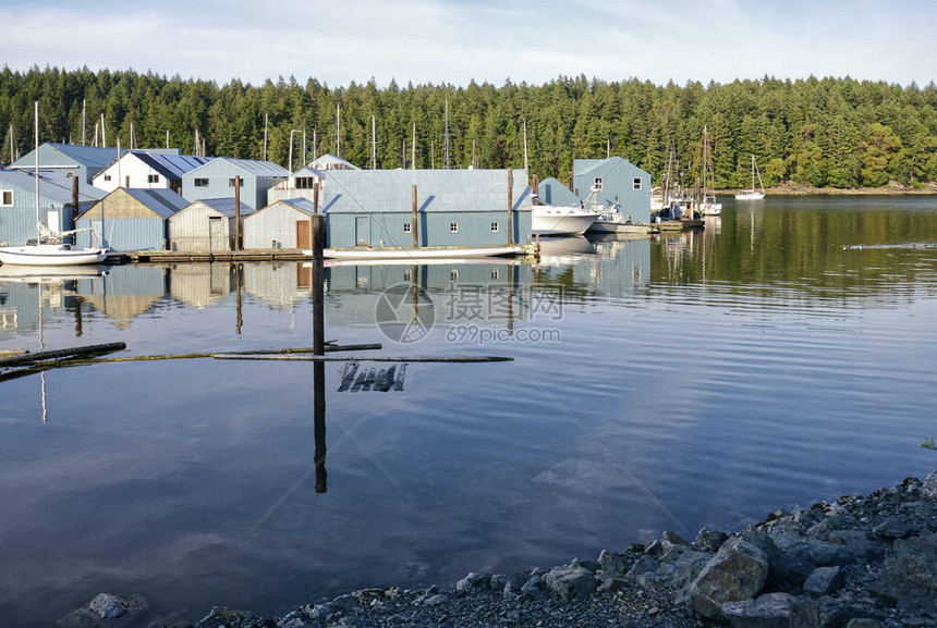 蓝色的木制船库和游艇倒映在海湾的水中太平洋沿岸阳光明媚的日子背景上的针叶林加拿大不列颠哥伦比高清图片下载-正版图片506462339-摄图网
