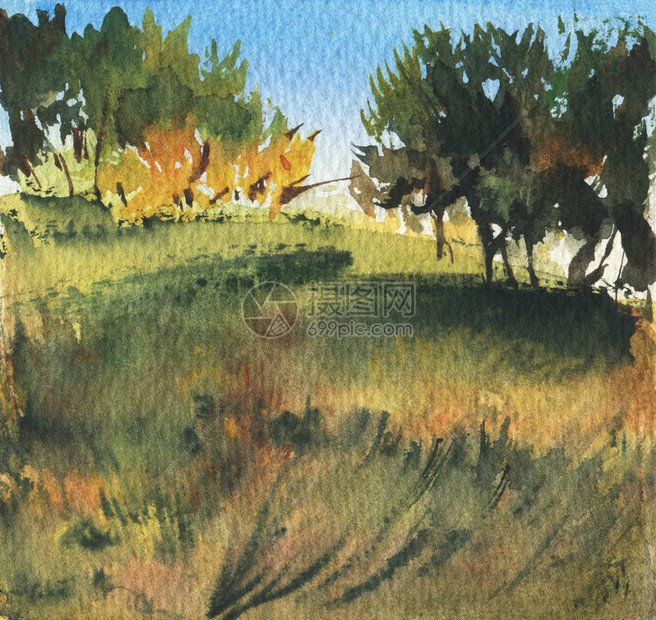 秋天的风景水彩画手绘插图高清图片下载-正版图片507474855-摄图网