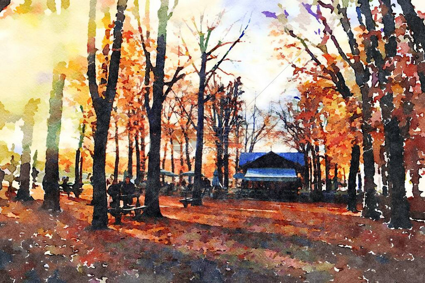 代表秋天巴黎中部喷泉花园的水彩高清图片下载-正版图片507483483-摄图网