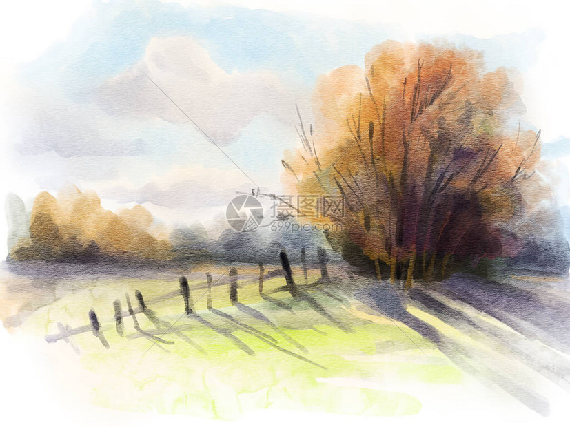 秋天的风景水彩画手绘插图高清图片下载-正版图片507503973-摄图网