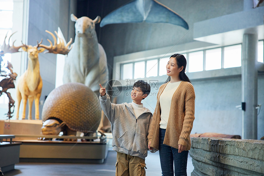 妈妈带小男孩参观博物馆高清图片下载-正版图片507697649-摄图网