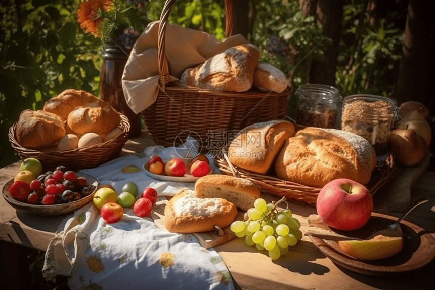 篮子里放着面包馅饼和水果的摆盘高清图片下载-正版图片600019229-摄图网