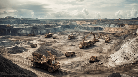 采矿场的大型挖掘机和工人高清图片下载-正版图片600073921-摄图网