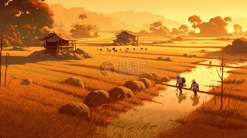 稻田收割的秋天插画图片下载-正版图片600060253-摄图网
