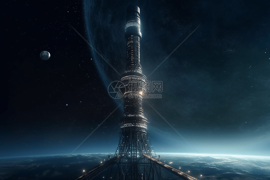 从行星延伸到上方恒星的太空电梯图片素材-正版创意图片600068061-摄图网