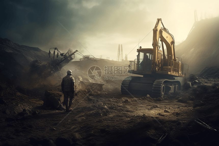 采矿场的大型挖掘机和工人高清图片下载-正版图片600073921-摄图网