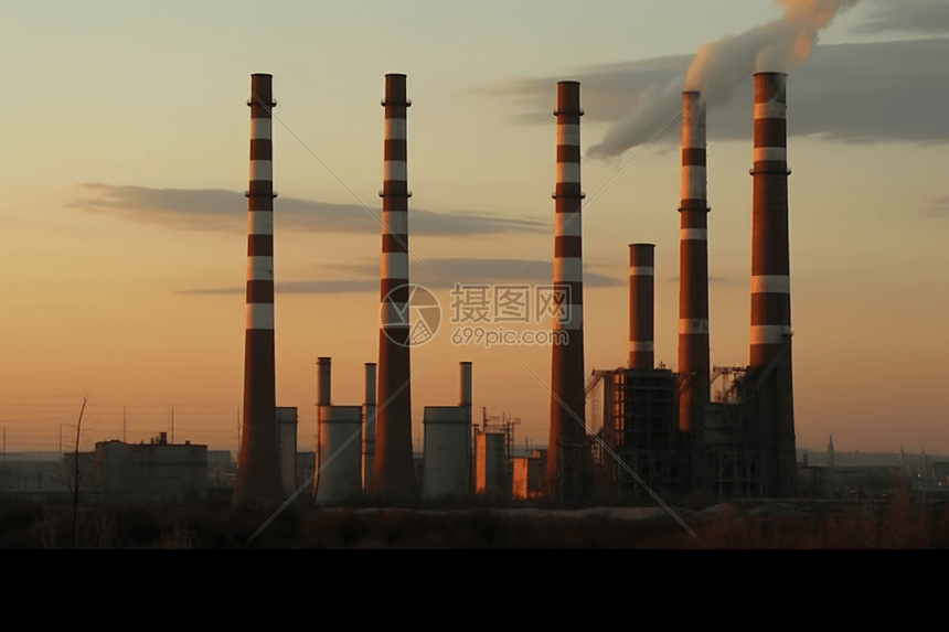 在夕阳下的工业烟囱高清图片下载-正版图片600112168-摄图网
