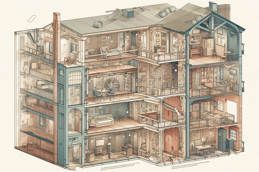 建筑物的剖面图显示了不同的楼层及其用途插画图片下载-正版图片600124893-摄图网